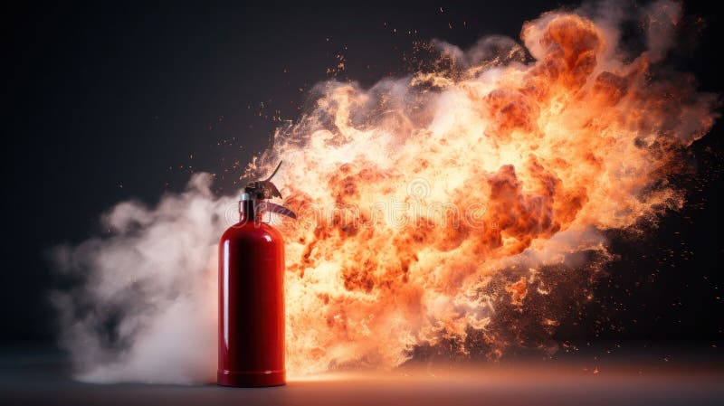 Fire Extinguisher in Front of an Explosion Cloud with Sparks and Smoke ...