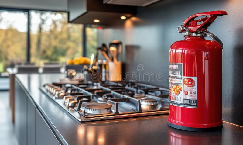 Fire Extinguisher beside Modern Kitchen Stove in Contemporary Home ...