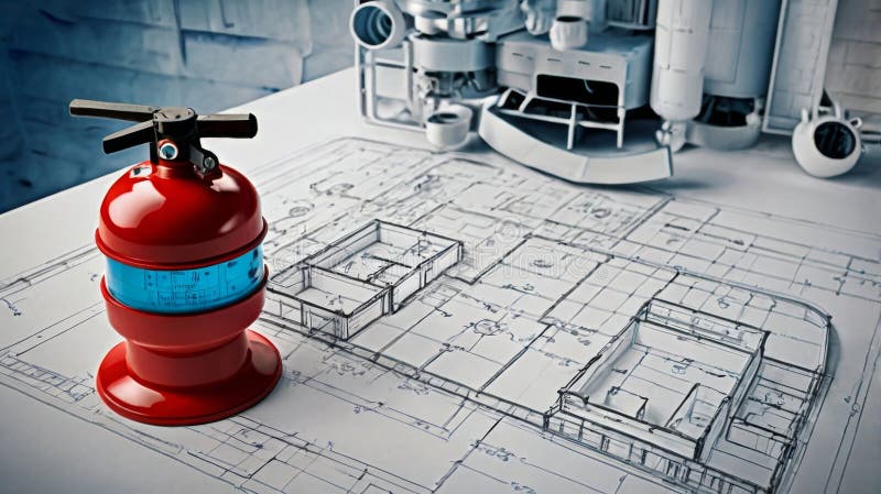 Fire Extinguisher Protecting Blueprint of a Building from Fire Hazard ...