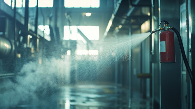 Fire Extinguisher Spraying Extinguishing Agent in a Large Industrial ...