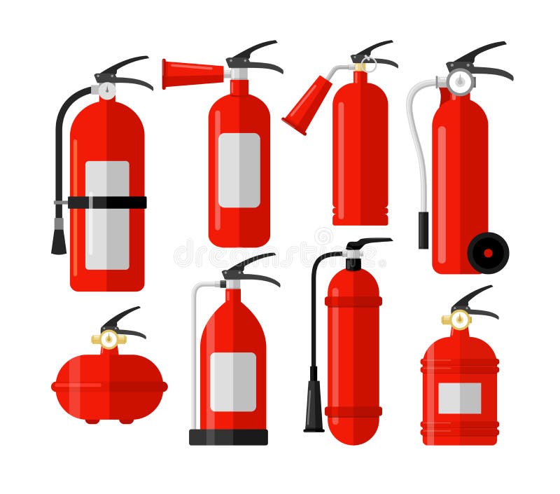 Fire Extinguishers Colorful Flat Vector Illustrations Set. First Alert, Emergency. Fire ...