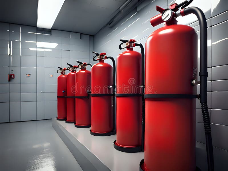 Fire Extinguishers in a Warehouse. Lot of Fire Extinguishers for ...