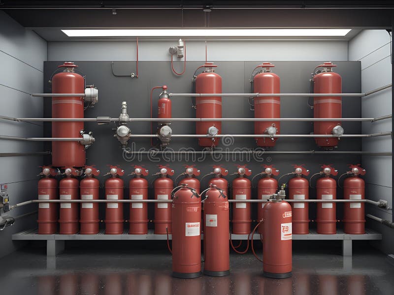 Fire Extinguishers in a Warehouse. Lot of Fire Extinguishers for ...