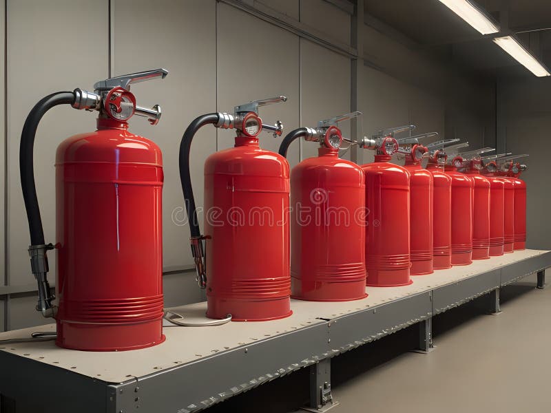 Fire Extinguishers in a Warehouse. Lot of Fire Extinguishers for ...