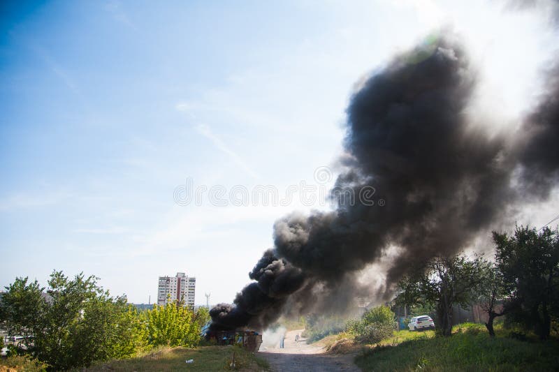 Fire in the Field Near the City. Stock Image - Image of building, flame ...