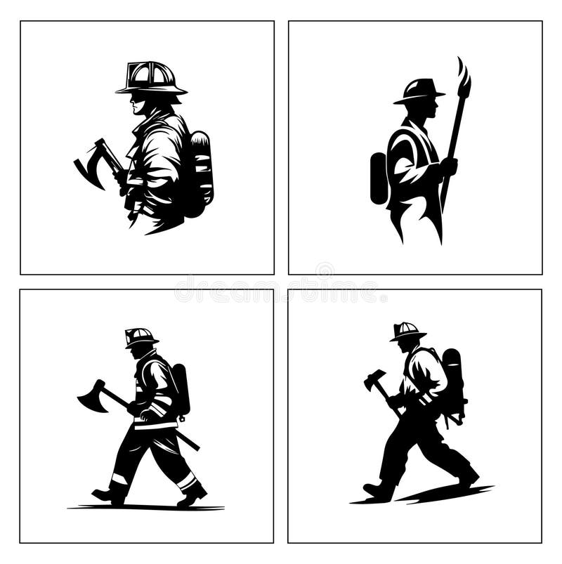 Four Fire Fighter with Weapon Silhouette Design Stock Vector ...