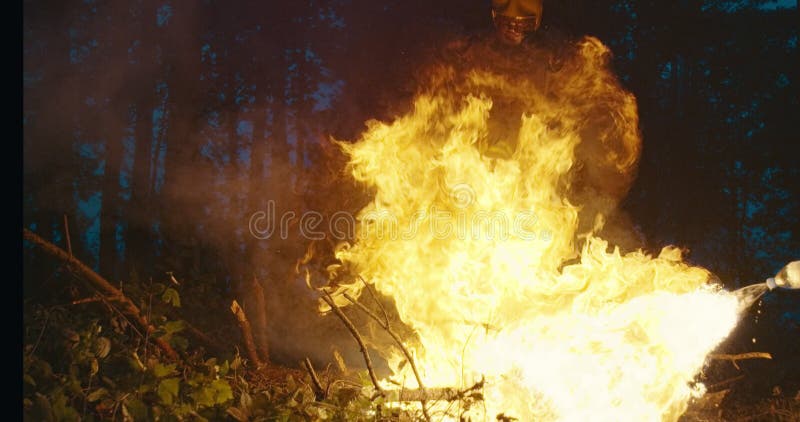 Firemen Jumping Over Fire in Dense Forest, Fire Fighter with Safety ...