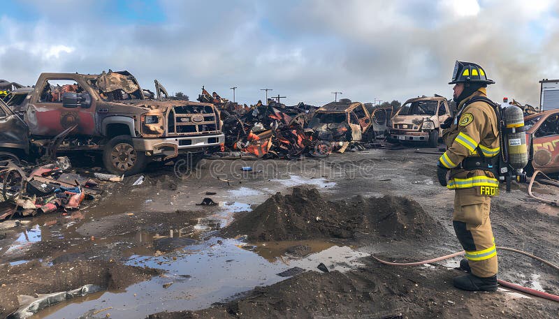 Fire Fighter on the Scene at Scrap Yard Fire Stock Photo - Image of ...
