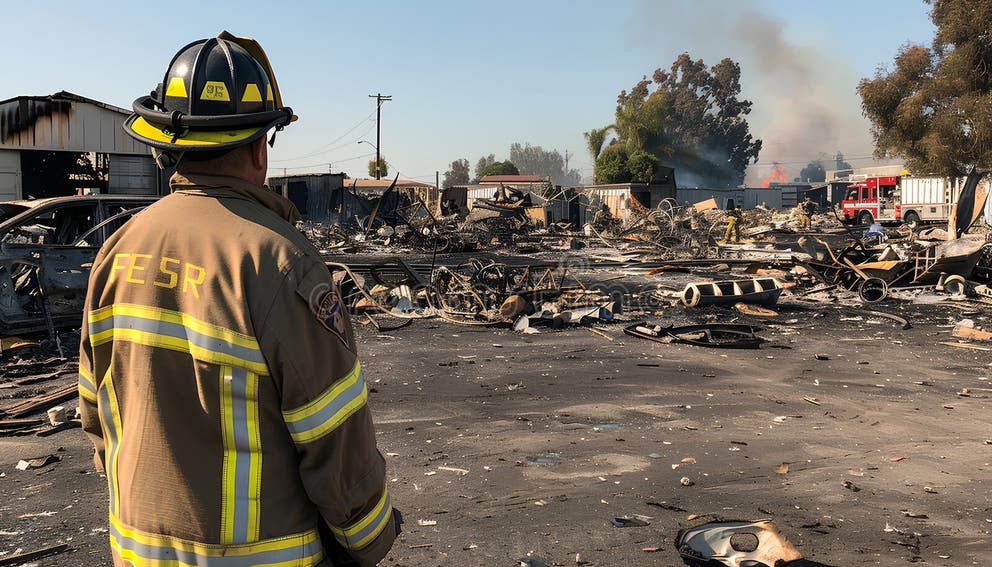 Fire Fighter on the Scene at Scrap Yard Fire Stock Photo - Image of ...