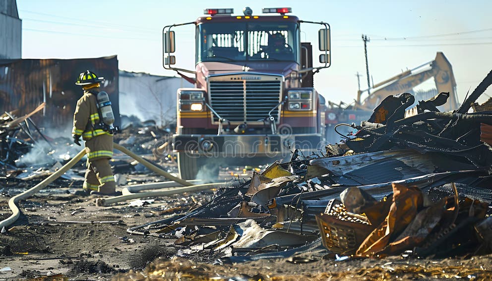 Fire Fighter on the Scene at Scrap Yard Fire Stock Photo - Image of ...