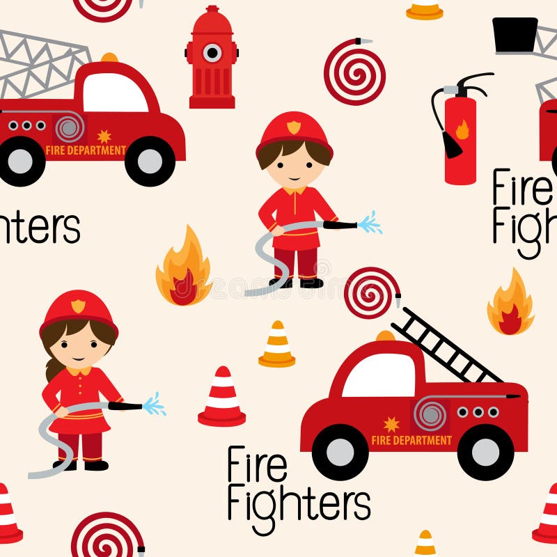 Fire Fighters Seamless Pattern Stock Illustration - Illustration of ...