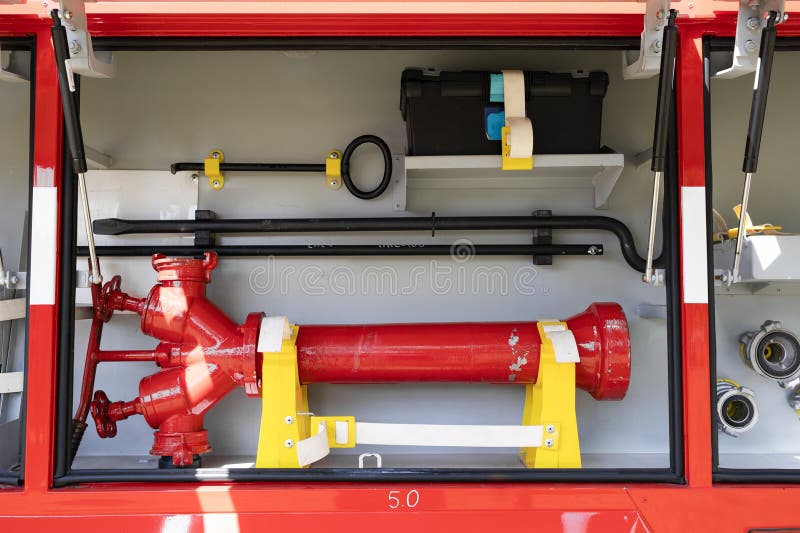 Fire-fighting Equipment Close Up View . Fire Truck with Equipment Stock ...