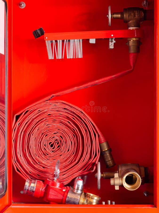 Fire Fighting Equipment in Red Cabinet Stock Image - Image of alarm ...