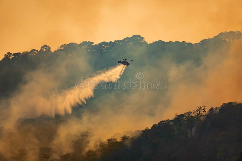 Fire Fighting Helicopter Dropping Water on Forest Fire Stock Image ...