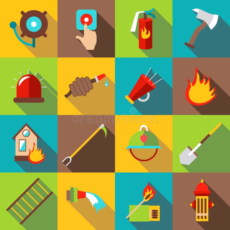 Fire Fighting Icons Set, Flat Style Stock Illustration - Illustration ...