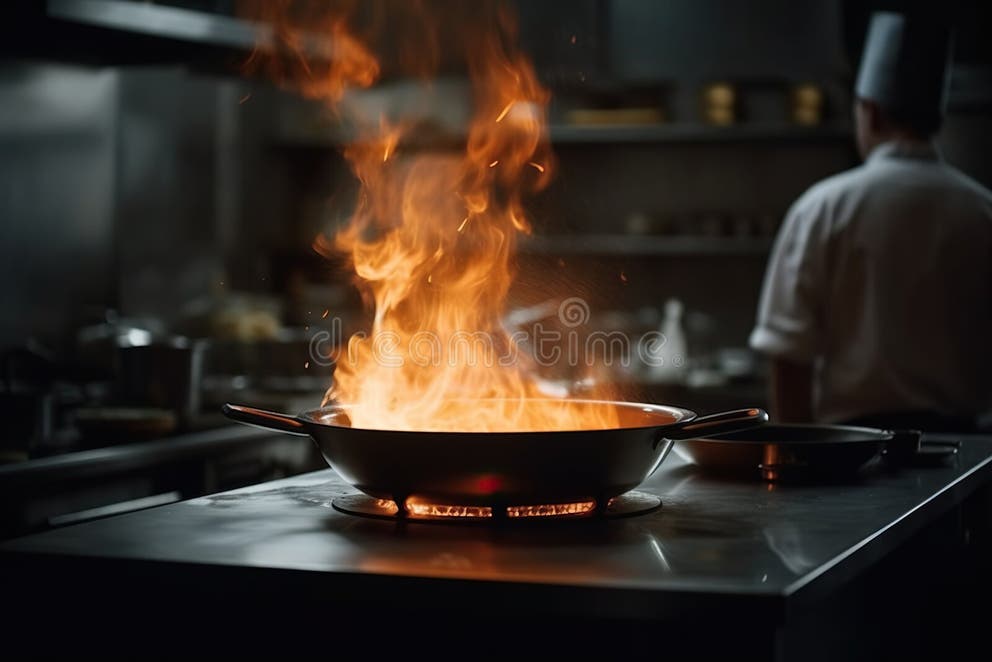 Fire in the Fire is Rising Up a Chefs Pan in the Kitchen, Created with ...