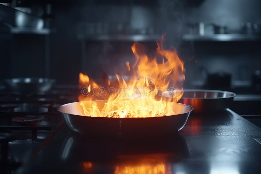 Fire in the Fire is Rising Up a Chefs Pan in the Kitchen, Created with ...