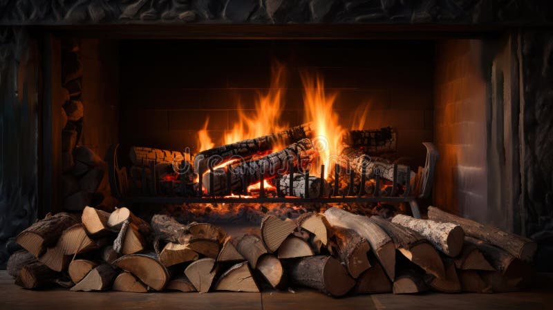 Fireplace with Burning Wood Logs, Bright Flames Stock Illustration ...