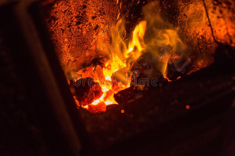 Fire in Fireplace. Close Up of Red Fire in Stove Stock Image - Image of ...