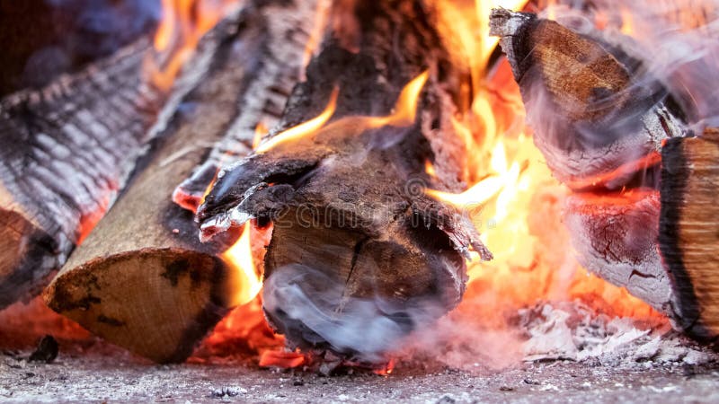 Fire in the Fireplace with Firewood and Coal. Firewood is Burning Stock ...