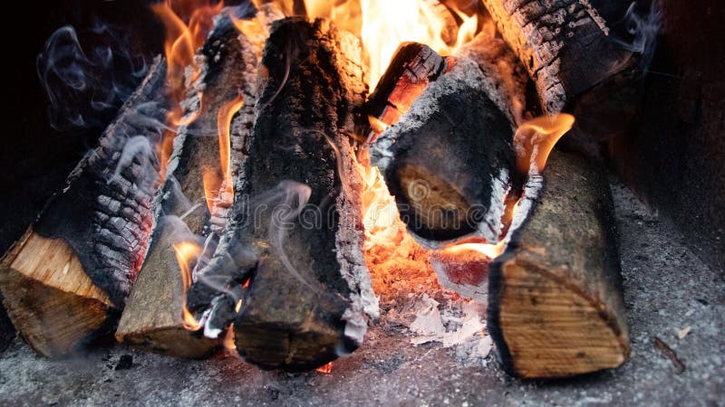 Fire in the Fireplace with Firewood and Coal. Firewood is Burning Stock ...