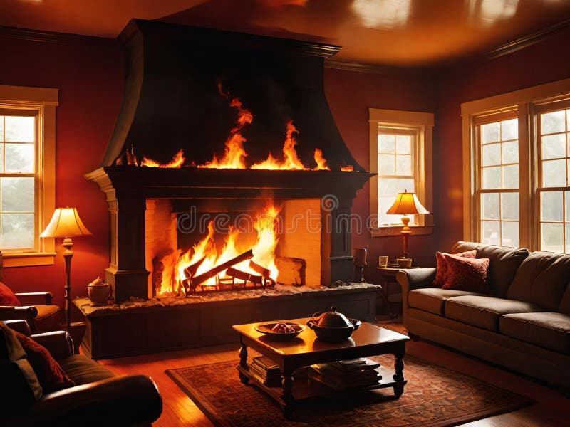 Fire with Fireplace in the Interior of a House Stock Illustration ...