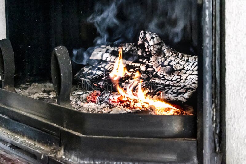 Fire in a Fireplace in the Living Room Stock Image - Image of heat ...