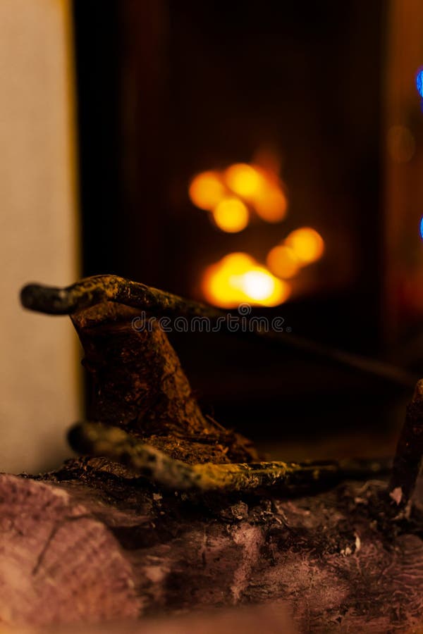 Fire in a Fireplace in the Living Room with Accessories Stock Image ...