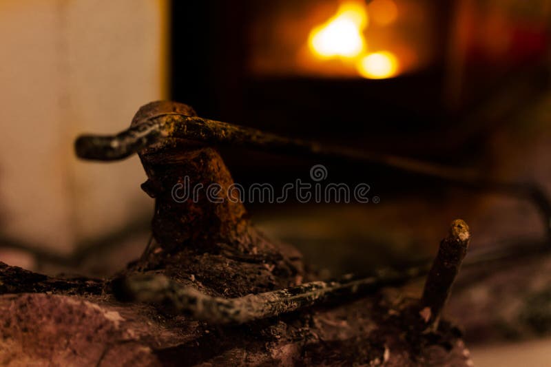 Fire in a Fireplace in the Living Room with Accessories Stock Image ...