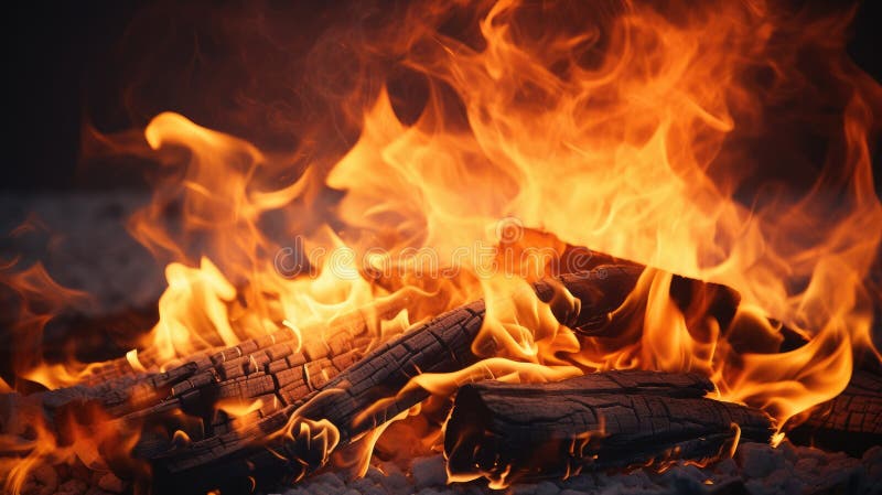 Fire Flame on Burnt Wood, Coal Close-up. a Hot Fire Inside the ...