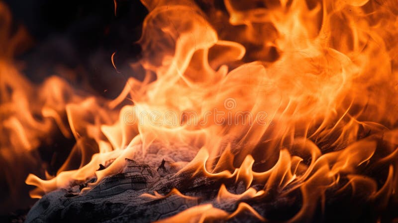 Fire Flame on Burnt Wood, Coal Close-up. a Hot Fire Inside the ...