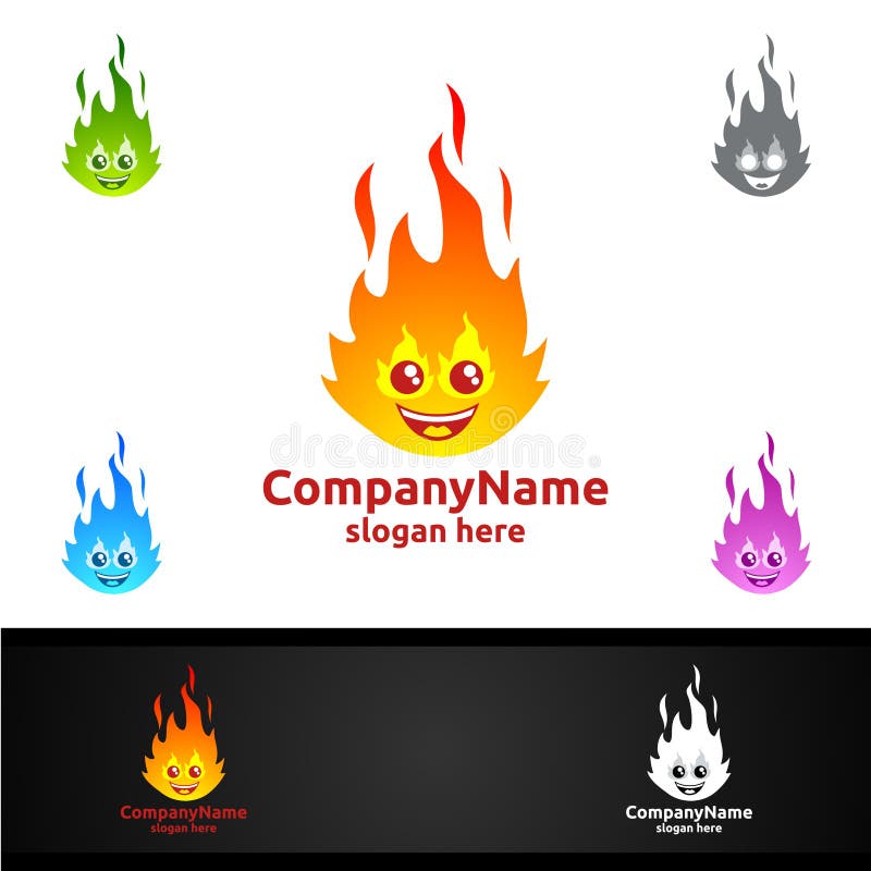 Fire and Flame with Cute Face Character Logo Design Stock Vector ...