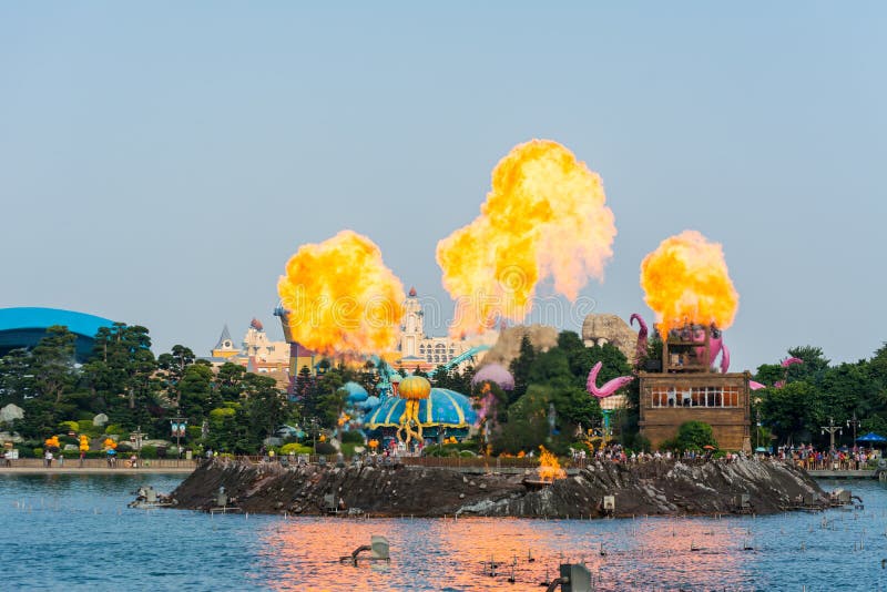 Fire Flame Exploding from an Artificial Volcano in Chimelong Ocean ...