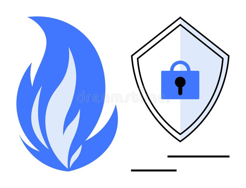 Fire Flame and Security Shield with Padlock Icon Representing Safety ...
