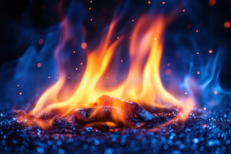 Fire Flame with Sparks and Golden Bokeh on Blue Background. Generated ...