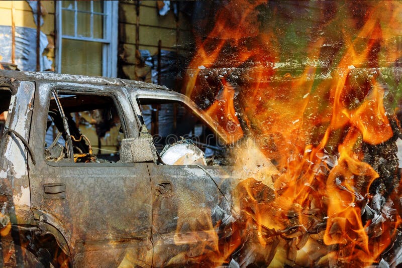Fire Flames Burns Home and Car Fire and Smoke Stock Image - Image of ...