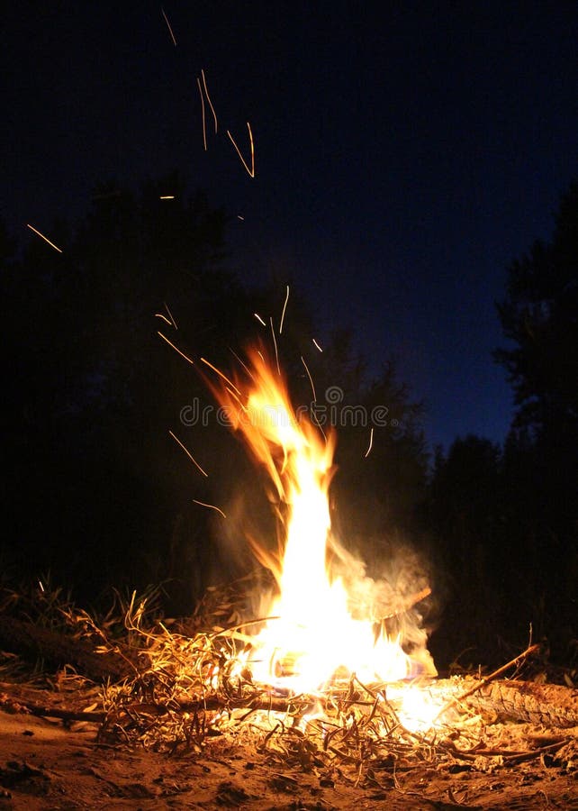 Fire Flames Fire Burns at Night Along with Sparks Stock Image - Image ...
