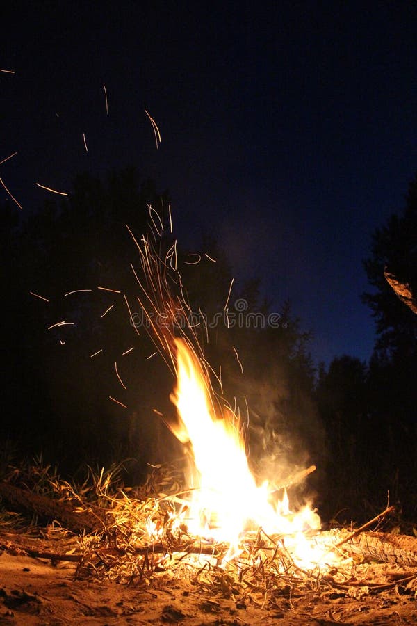 Fire Flames Fire Burns at Night Along with Sparks Stock Photo - Image ...