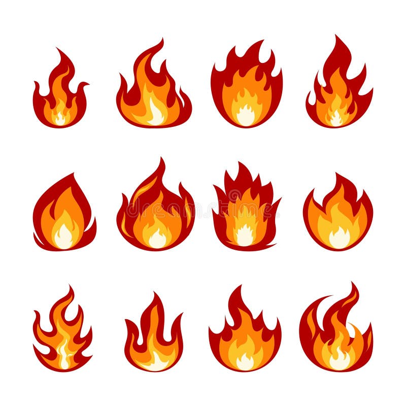 Fire Flames Cartoon Set Isolate on White. Vector Bonfire of Different ...