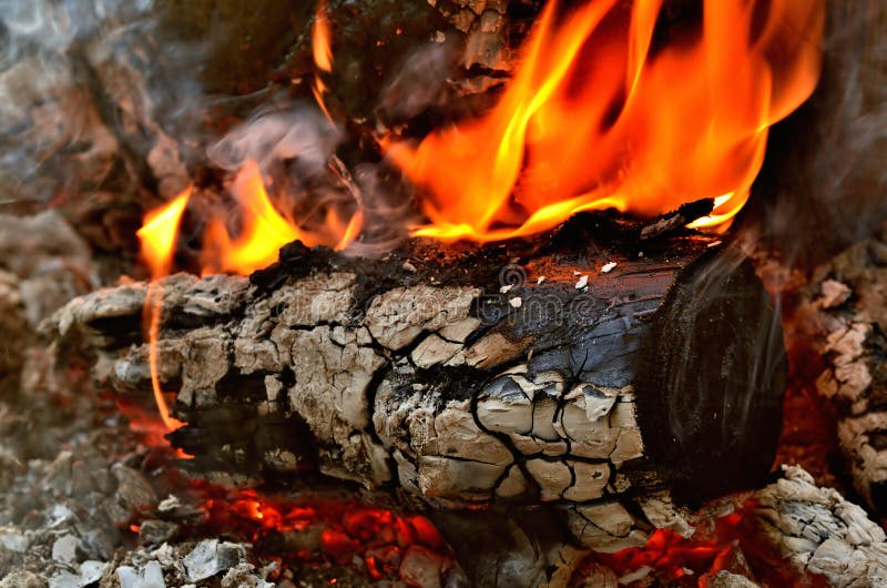 Fire with Flames Charred Wood. Close-up Detail. Stock Image - Image of ...