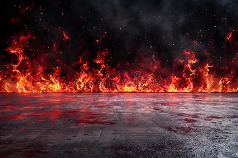 Fire and Flames on Empty Table Background. Fire Wall with Red Burning ...