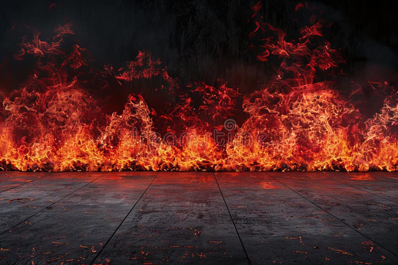 Fire and Flames on Empty Table Background. Fire Wall with Red Burning ...