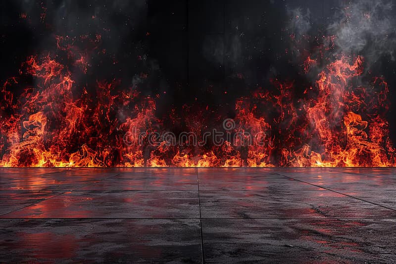 Fire and Flames on Empty Table Background. Fire Wall with Red Burning ...