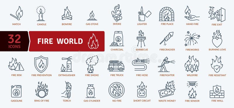 Fire and Flames 32 Icon Set: Burning Elements Stock Illustration ...