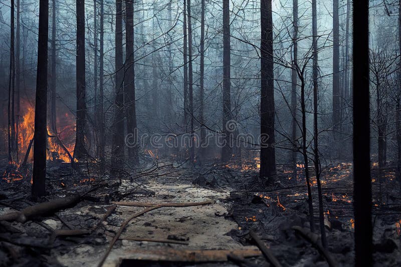 Fire Flare in Forest with Smoke among Trees Dramatic Background. Strong ...