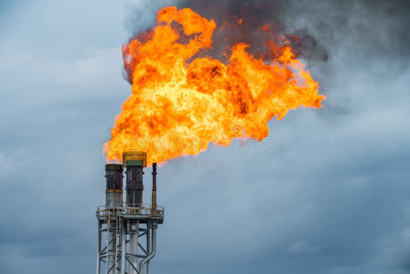 Fire on Flare Stack at Oil and Gas Central Processing Platform while ...