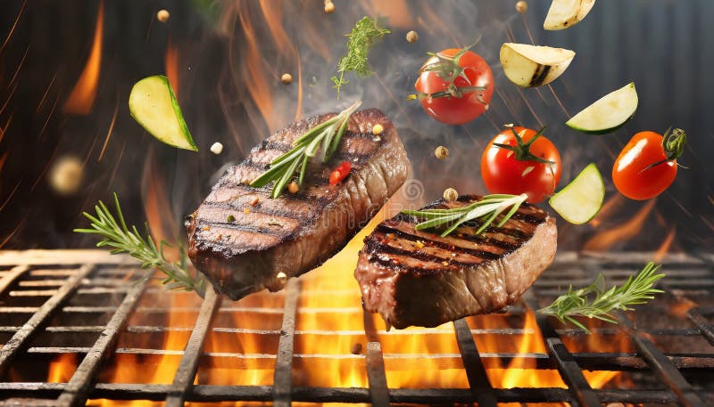 Fire and Flavor Beef Steaks Over the Grill Stock Illustration ...