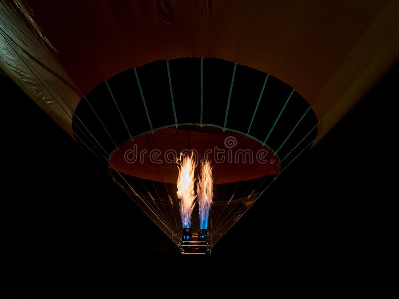 Flame Of Fire Hot Air Balloon Flying At Night. Stock Image - Image of ...