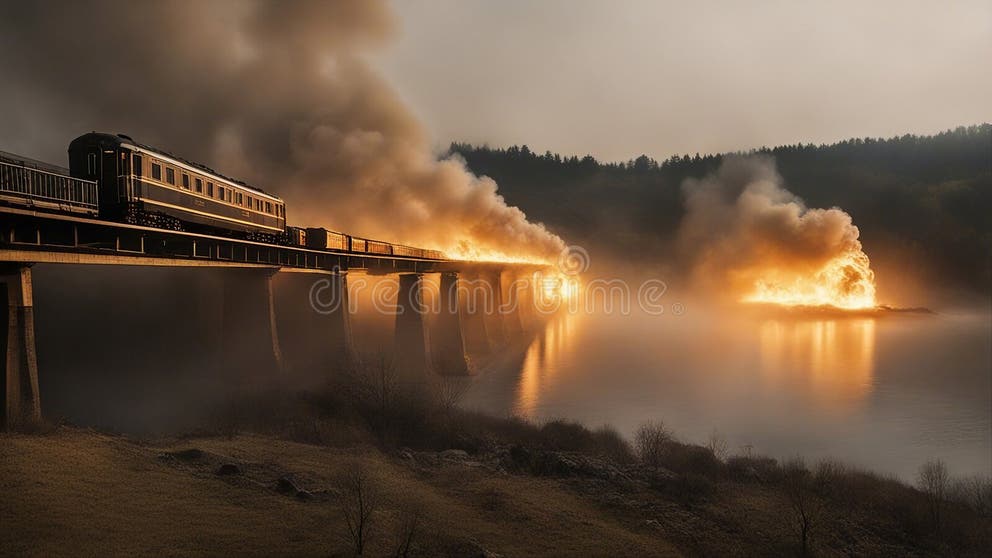 Fire in the Fog _ a Burning Train on Fire, Exploding, that Crosses a ...