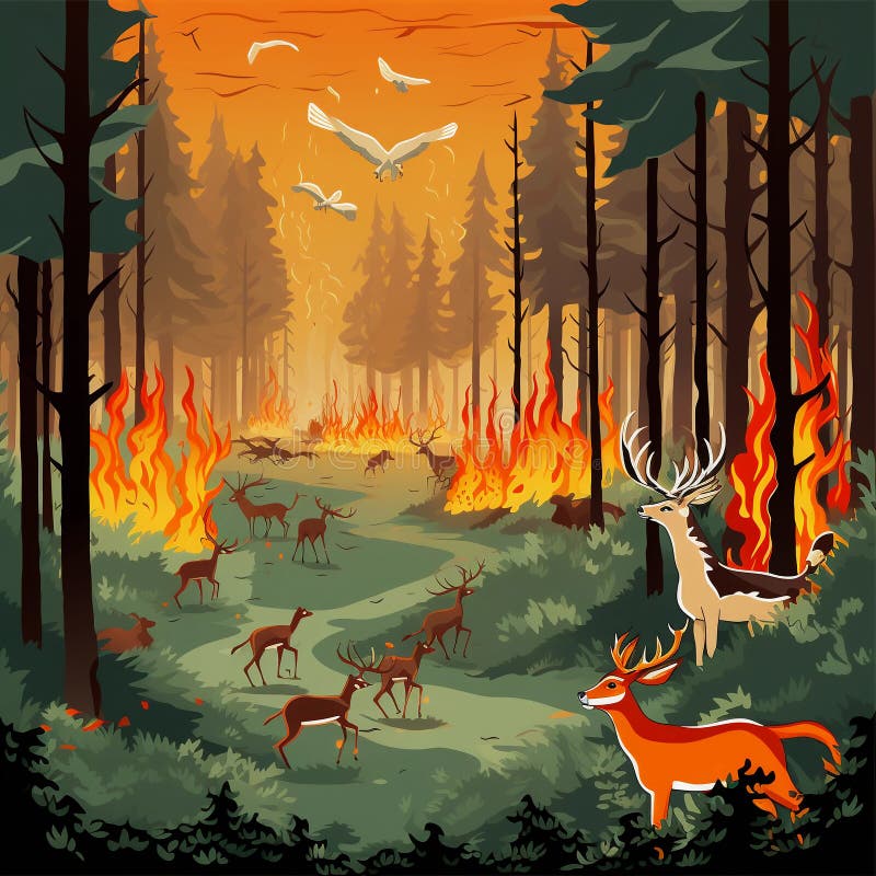 Fire in the Forest. Animals Running from the Fire Stock Illustration ...